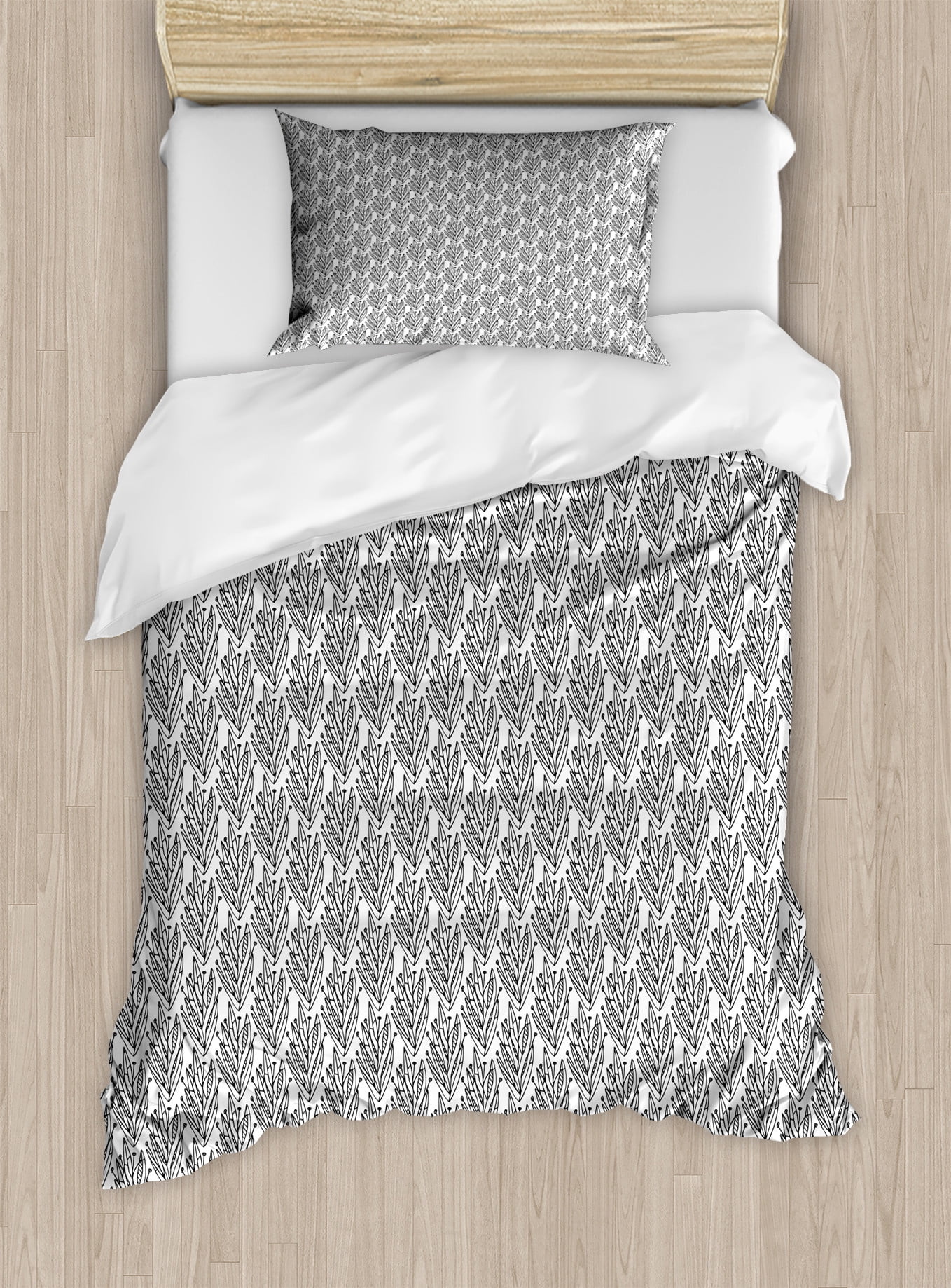 Botanical Duvet Cover Set, Hand Drawn Foliage Doodle Forest Leaves ...