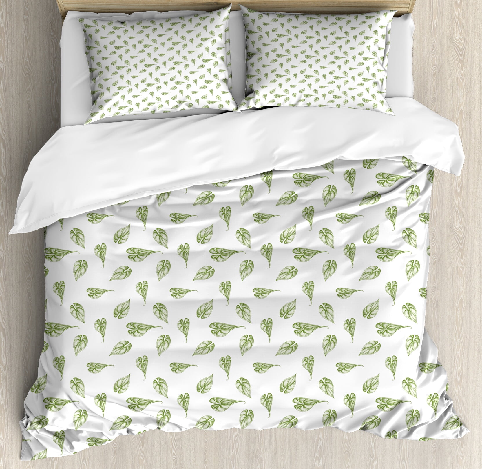 Botanical Duvet Cover Set, Hand Drawn Philodendron Leaves Images in ...