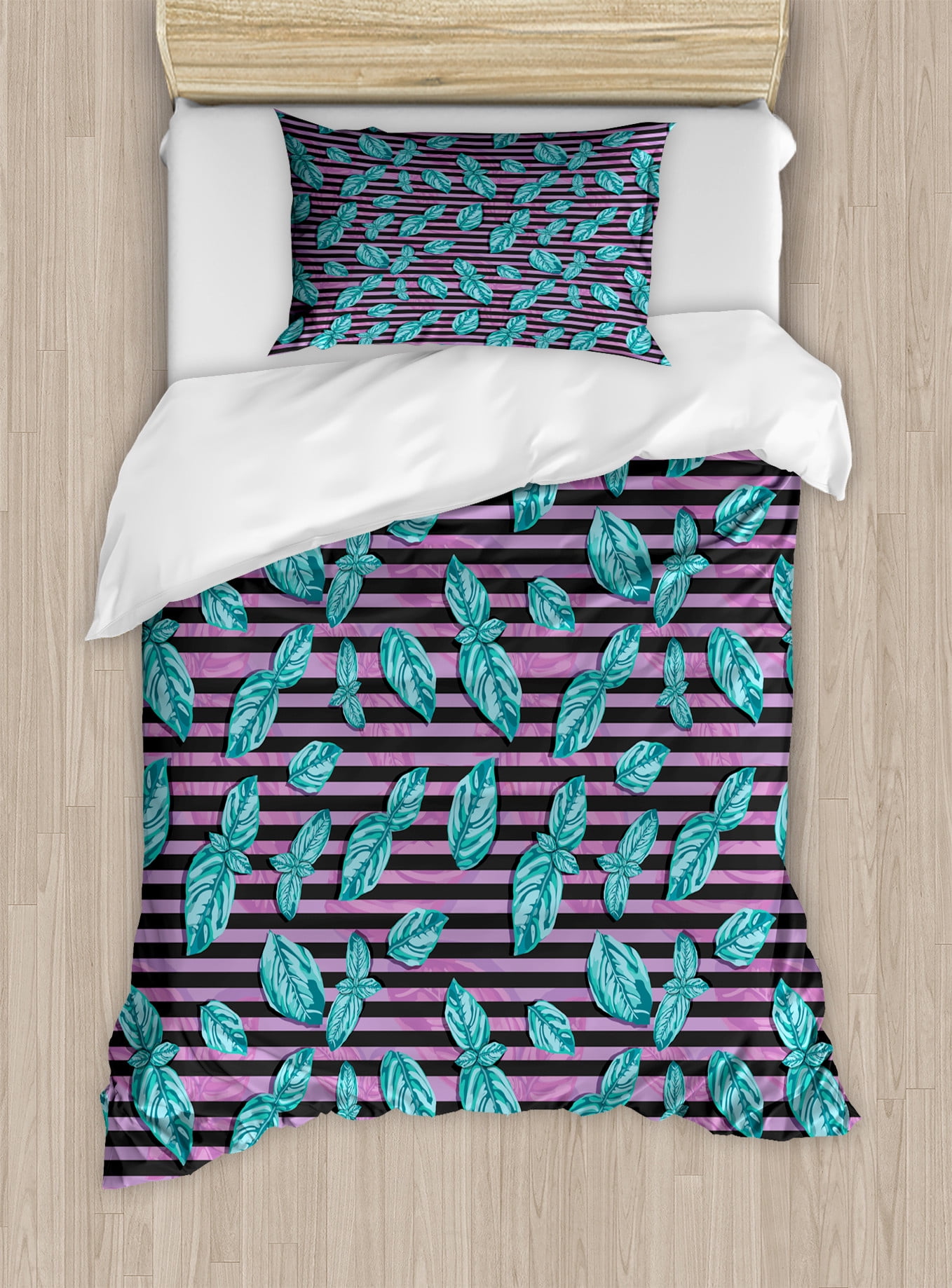 Botanical Duvet Cover Set, Spice Basil Leaves with Horizontal Stripes ...