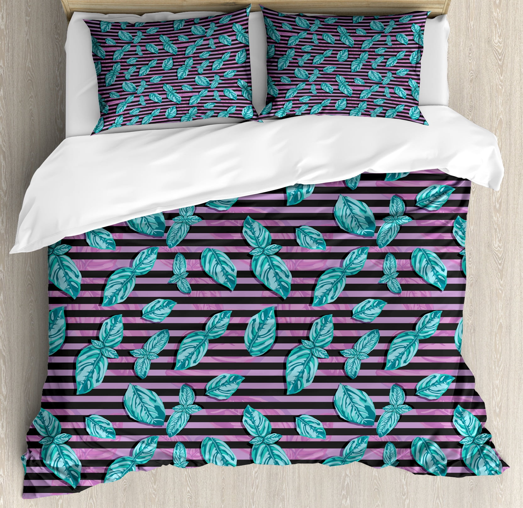 Botanical Duvet Cover Set, Spice Basil Leaves with Horizontal Stripes ...