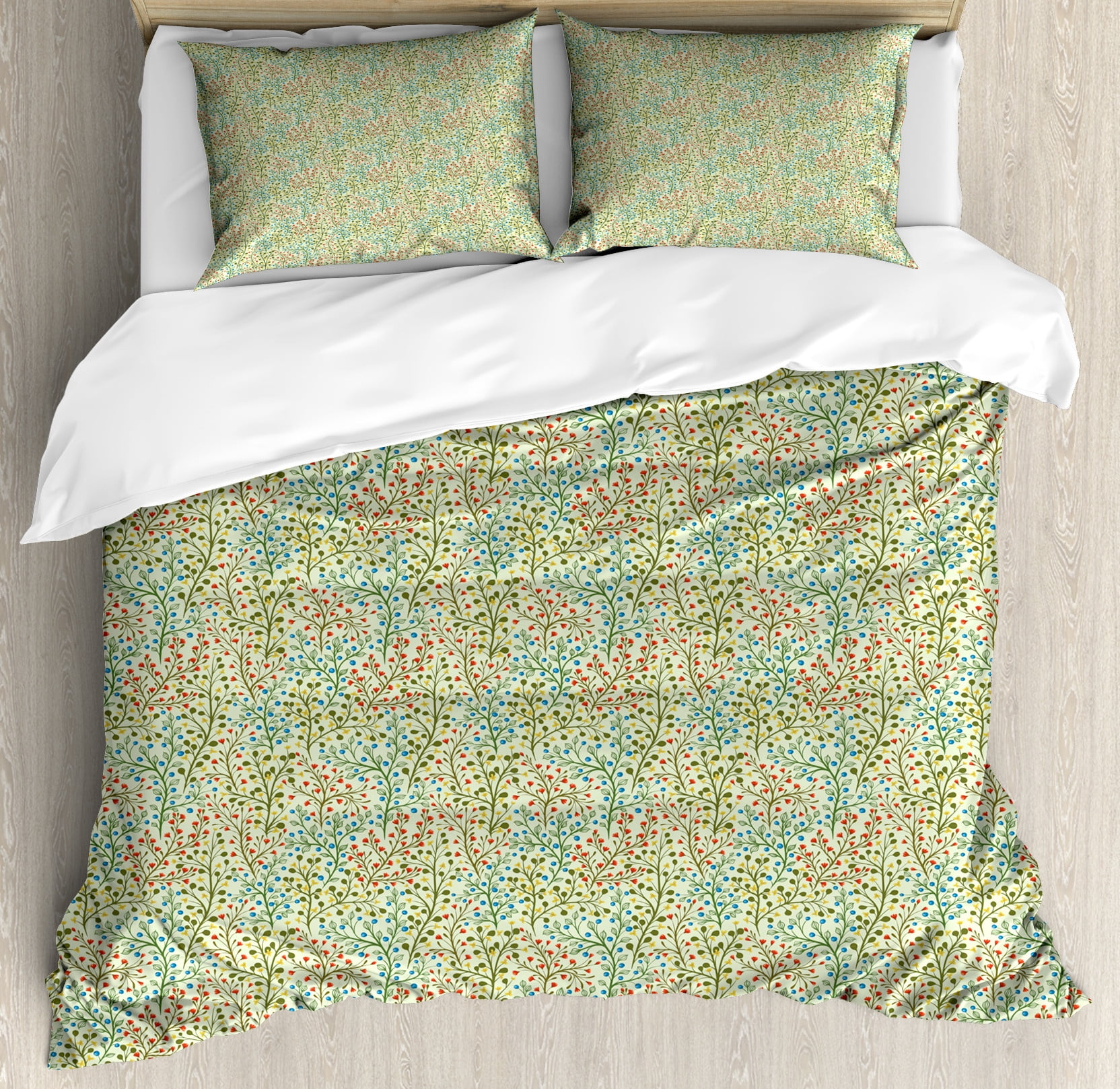 Botanical Duvet Cover Set, Spring Garden Branches Pattern with Colorful Flowers and Berries ...