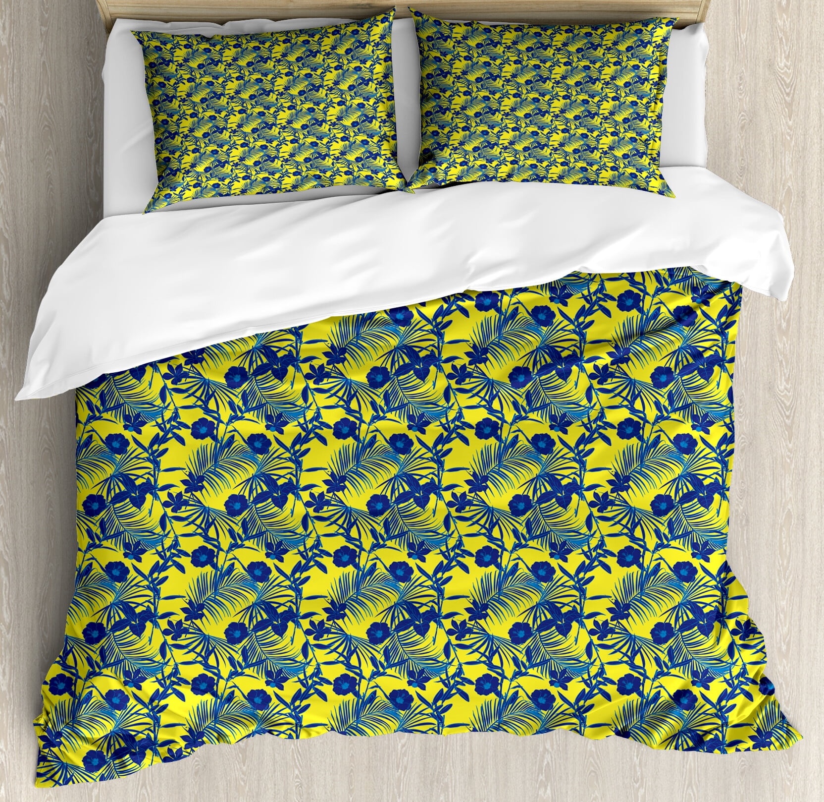 Botanical Duvet Cover Set, Summer Toned Palm Leaves Along Hibiscus ...