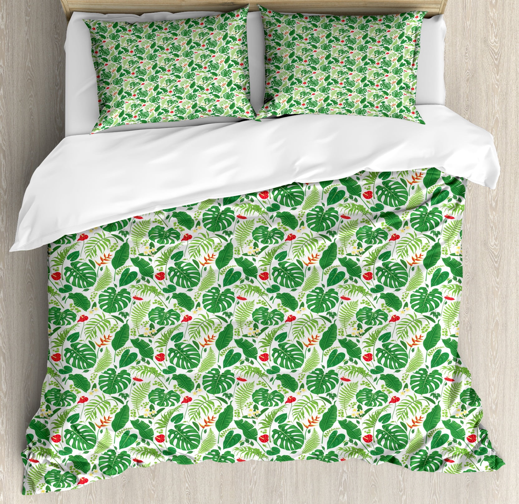 Botanical Duvet Cover Set, Tropical Anthurium Monstera Leaves Plant ...