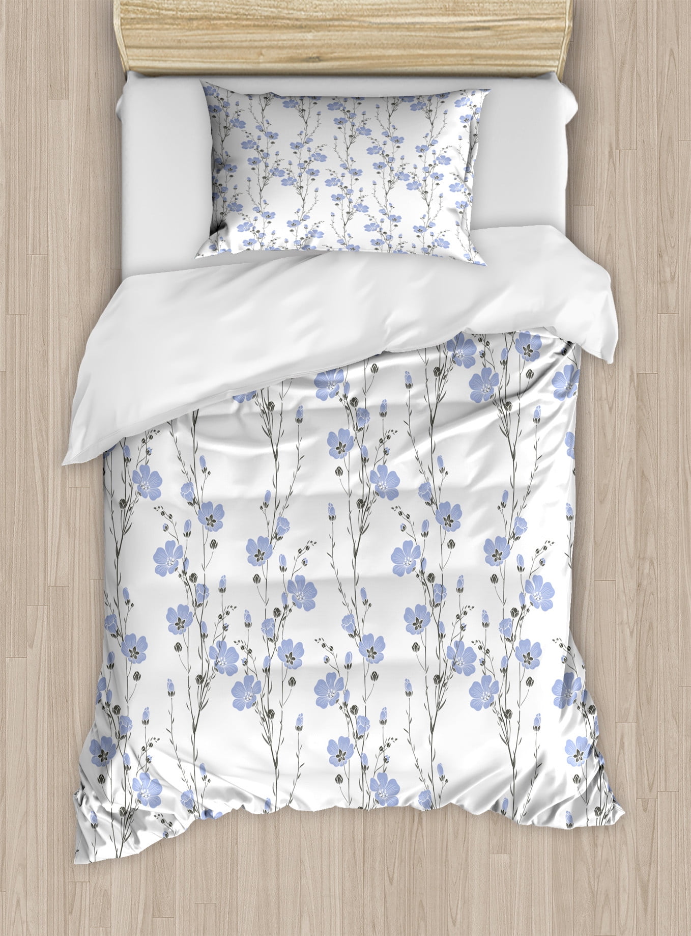 Botanical Duvet Cover Set, Vertically Budding Flax Flowers Stems ...