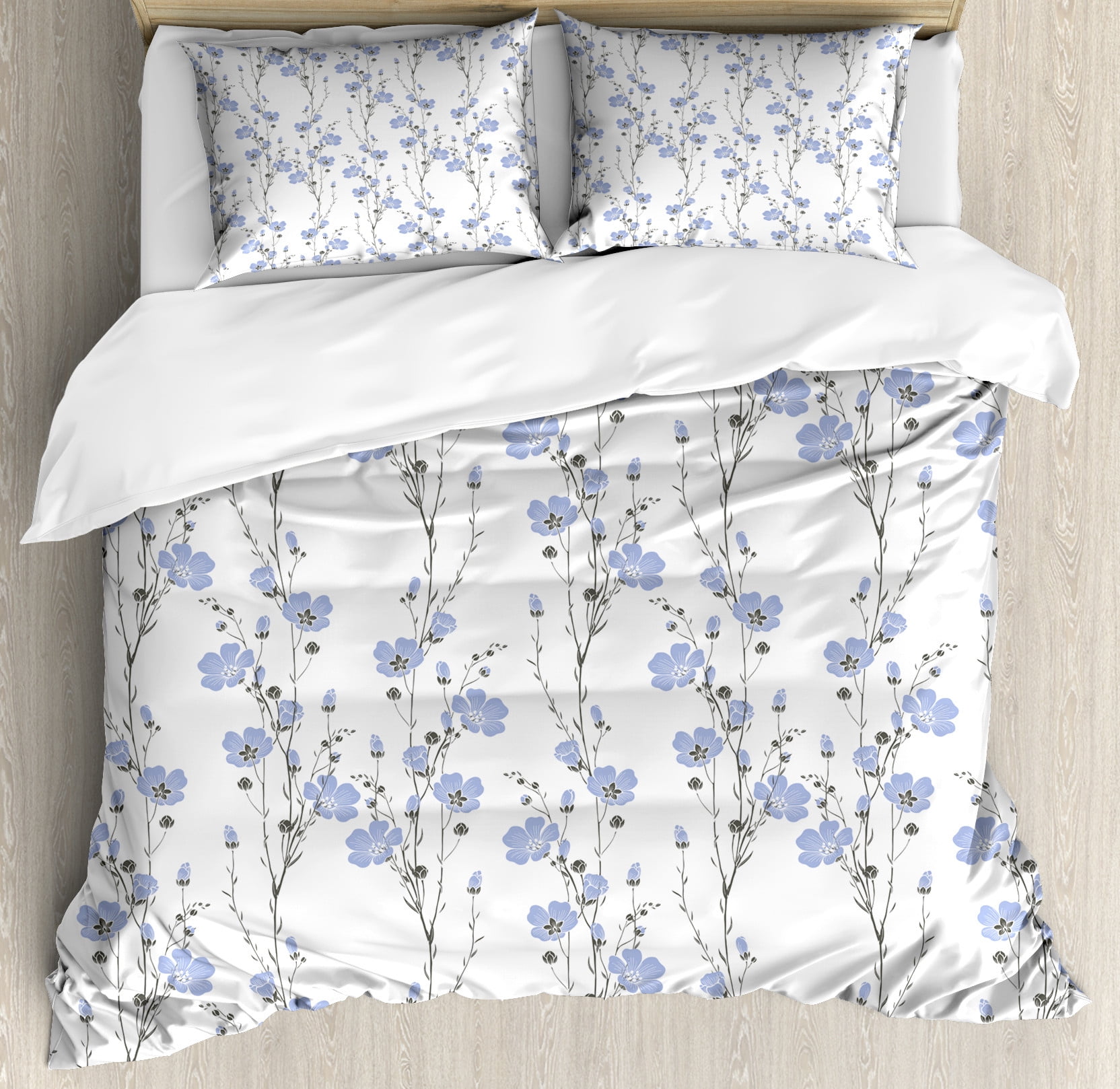 Botanical Duvet Cover Set, Vertically Budding Flax Flowers Stems ...