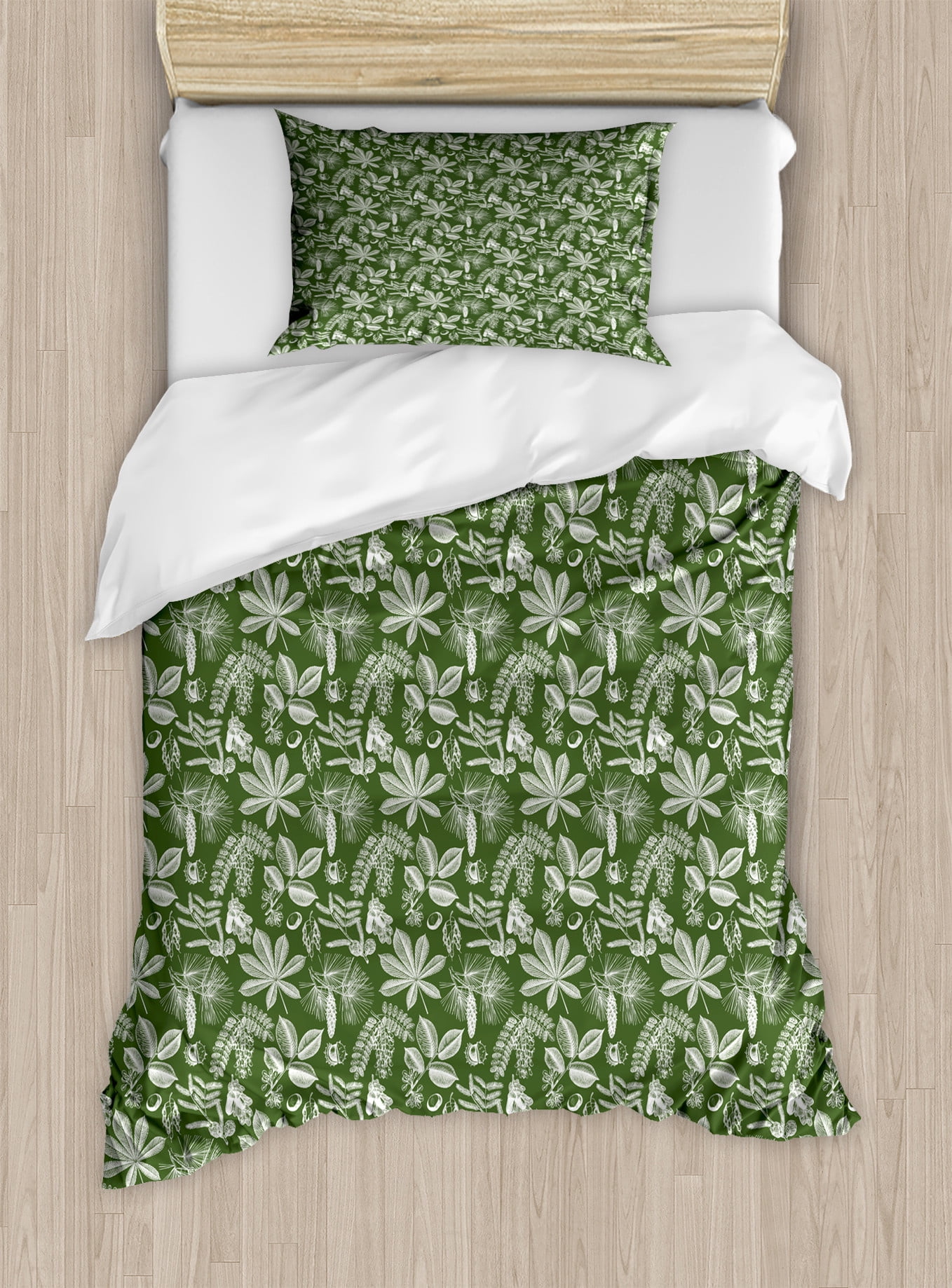 Botanical Duvet Cover Set, Vintage Leaf Engraved Sketch Herbs Forest ...