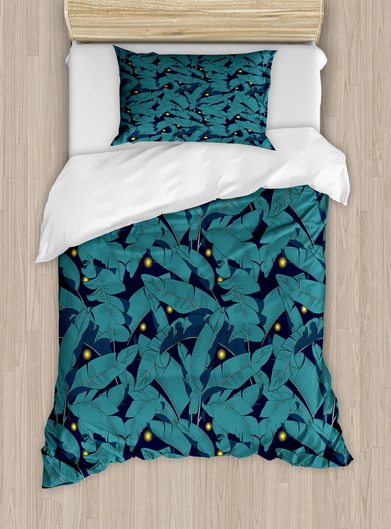 Botanical Duvet Cover Set Woodland And Fireflies Leafy Plants Forest