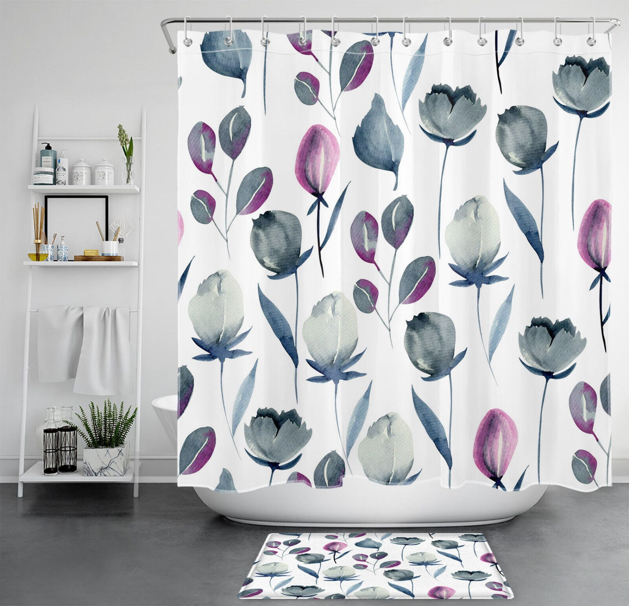 Botanical Elegance Purple Leaf And Blue Floral Shower Curtain Set