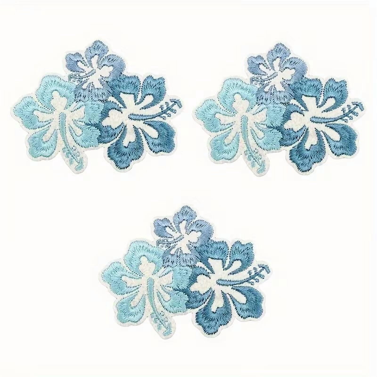Botanical Embroidered Iron-on Set of 3 - Blue Floral Applique for Arts ...
