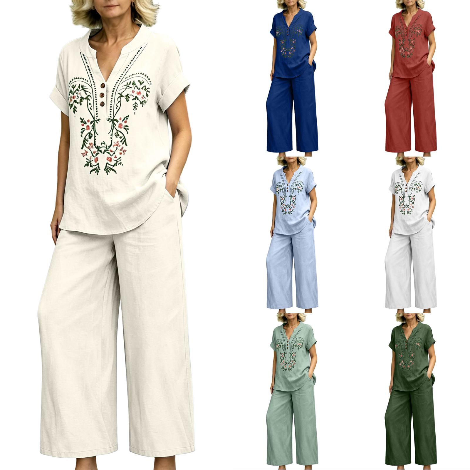 Botanical Embroidered Linen Set for Women, V-Neck Short Sleeve Tunic ...