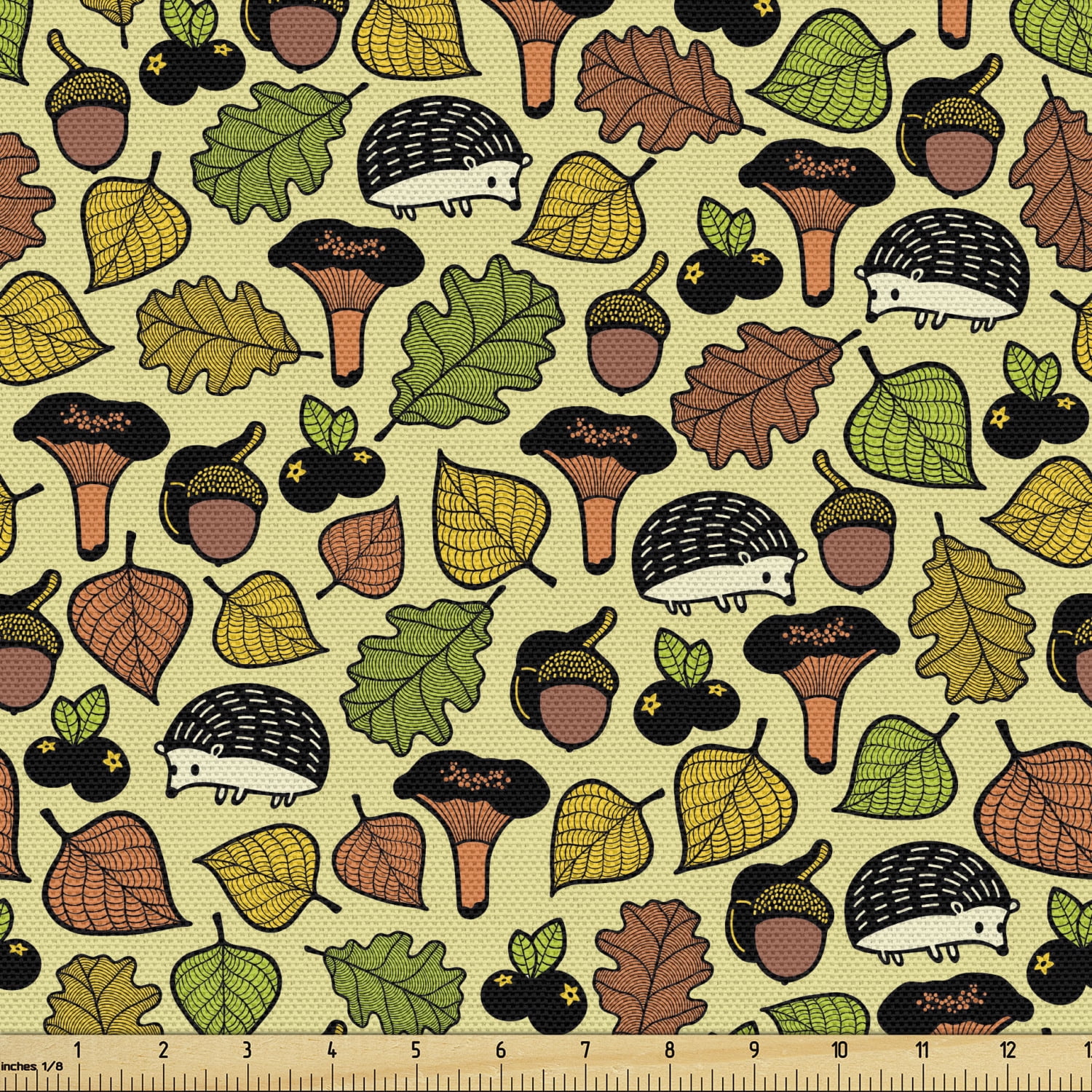 Botanical Fabric by the Yard, Autumn Leaves Chestnut Oak Maple Walnut and Hedgehog Nature Earth ...