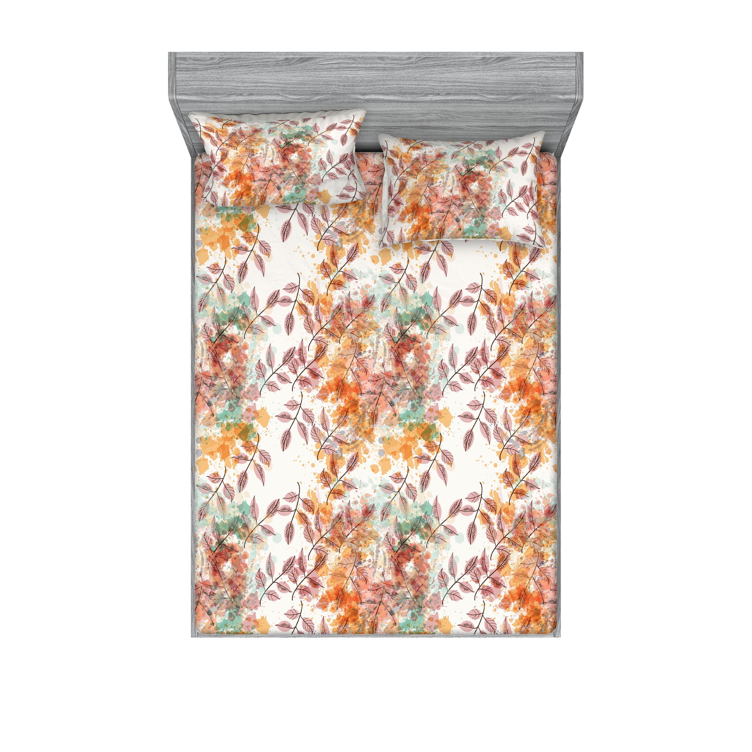 Botanical Fitted Sheet & Pillow Sham Set, Fall Inspired Leaves Branches ...