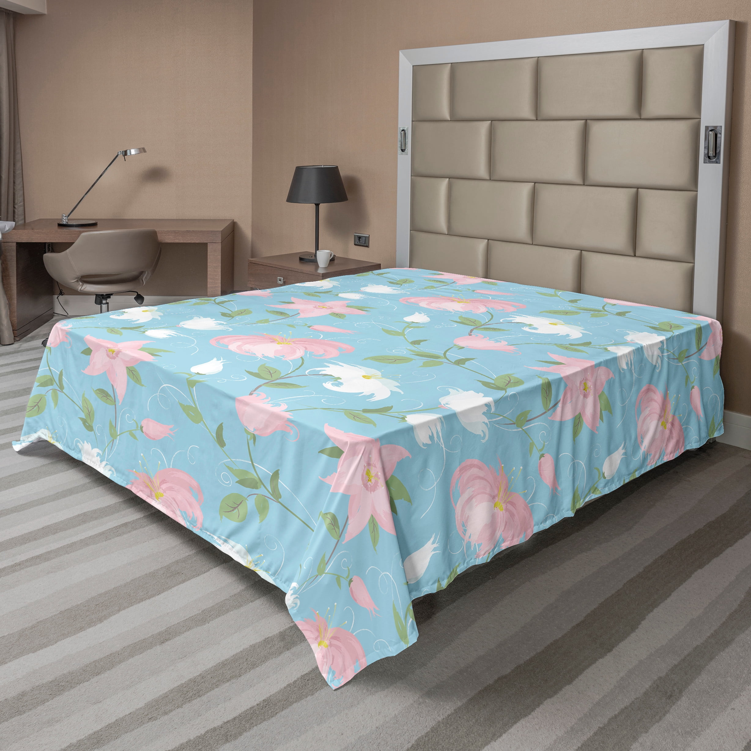 Botanical Flat Sheet, Floral Theme Pink and White Flowers Along Green ...