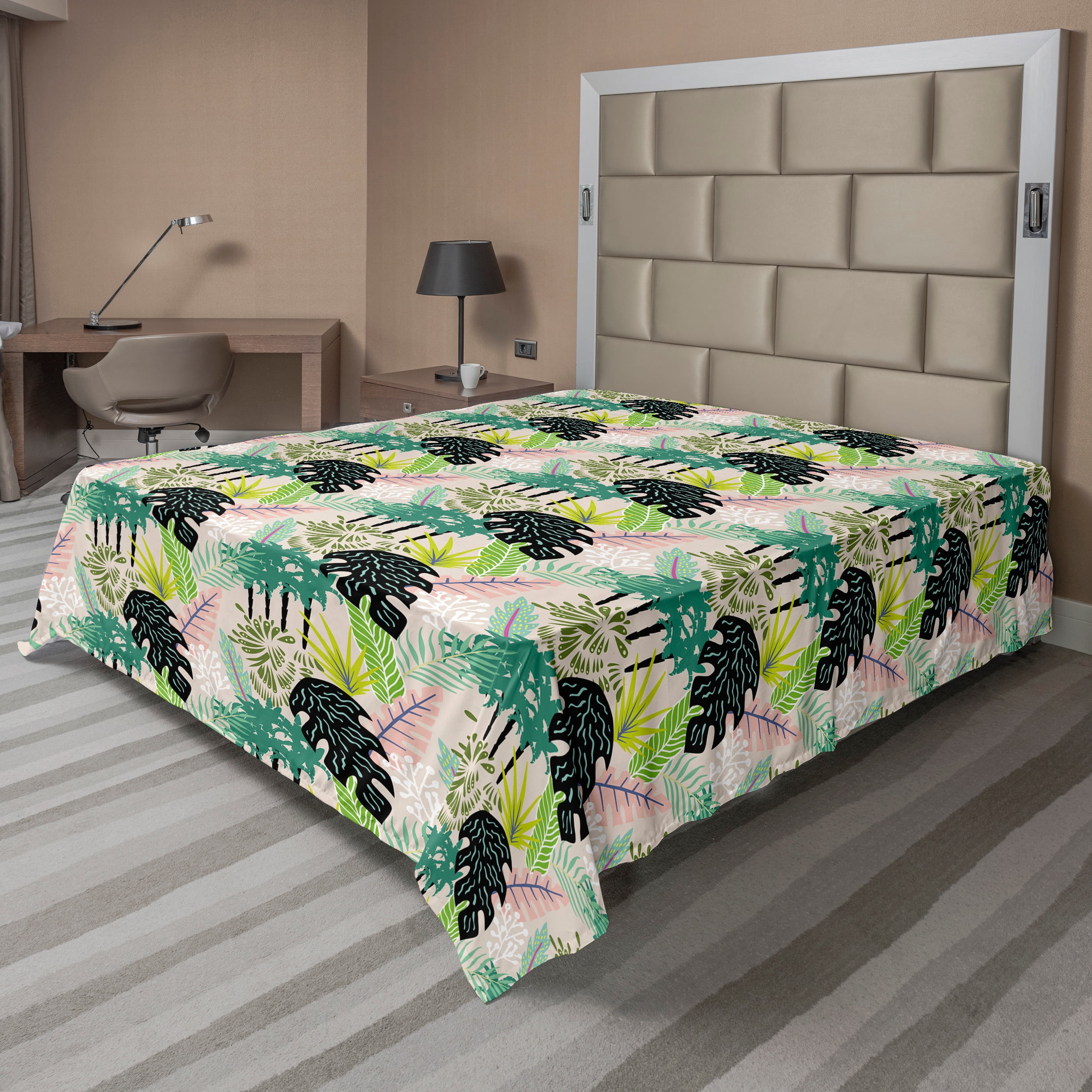 Botanical Flat Sheet, Jungle Tropical Palm Leaves Banana Tree Pattern ...