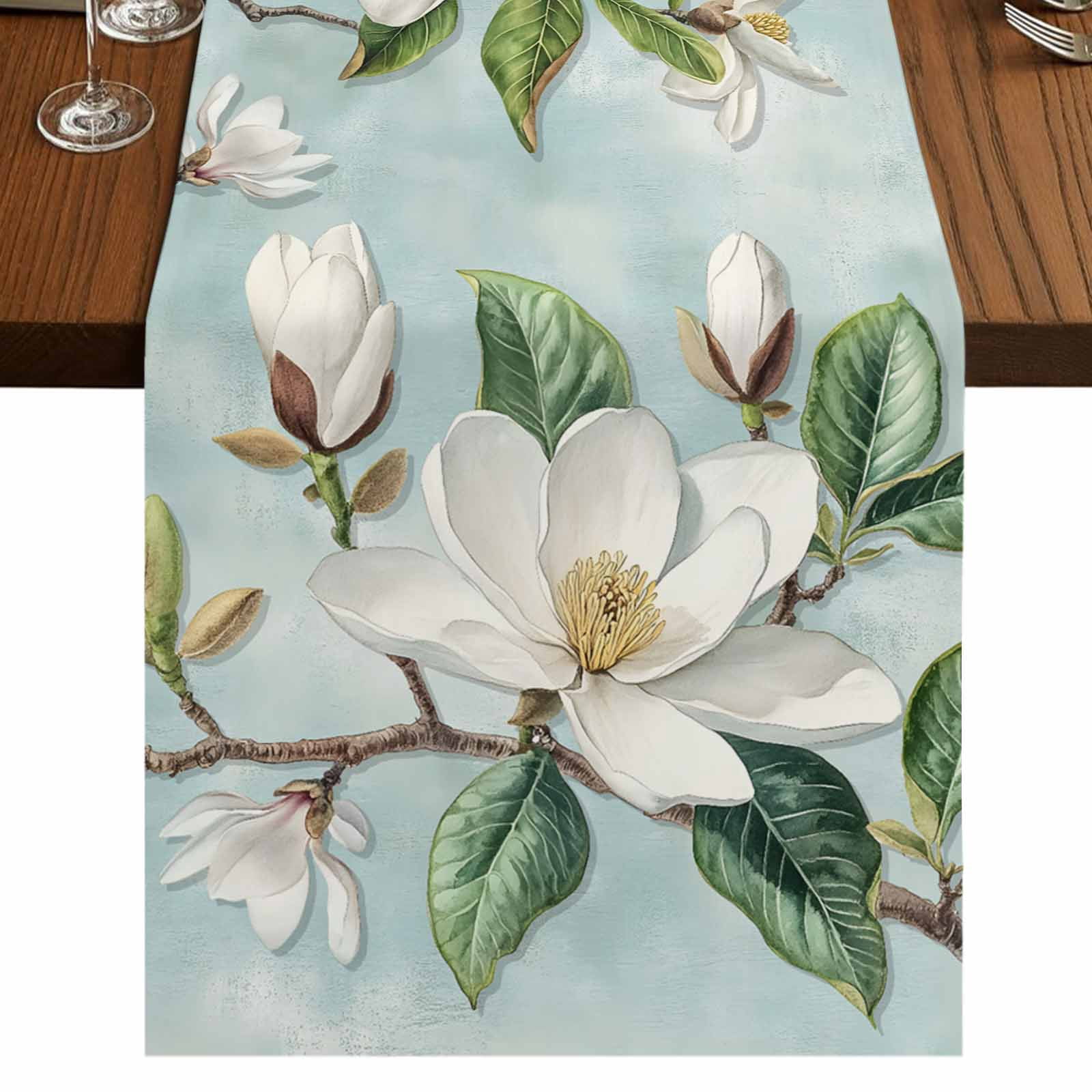 Botanical Floral 48 Inch Table Runner, Pastoral Magnolia Flowers Leaves ...