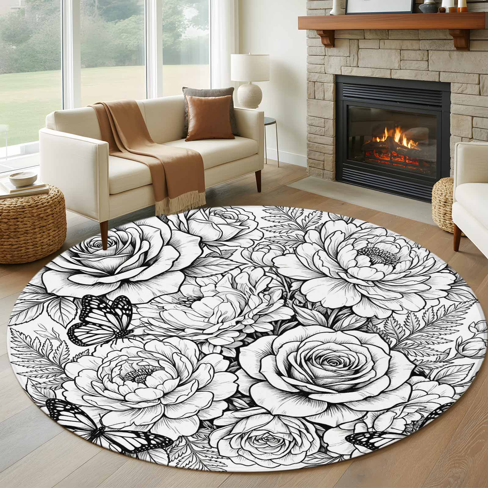 Botanical Floral 8FT Round Area Rugs for Living Room Black and White ...