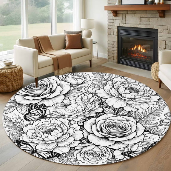 Botanical Floral 8FT Round Area Rugs for Living Room Black and White ...