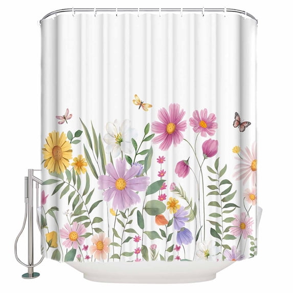 Botanical Floral Bathroom Shower Curtains with 12 Hooks Polyester ...