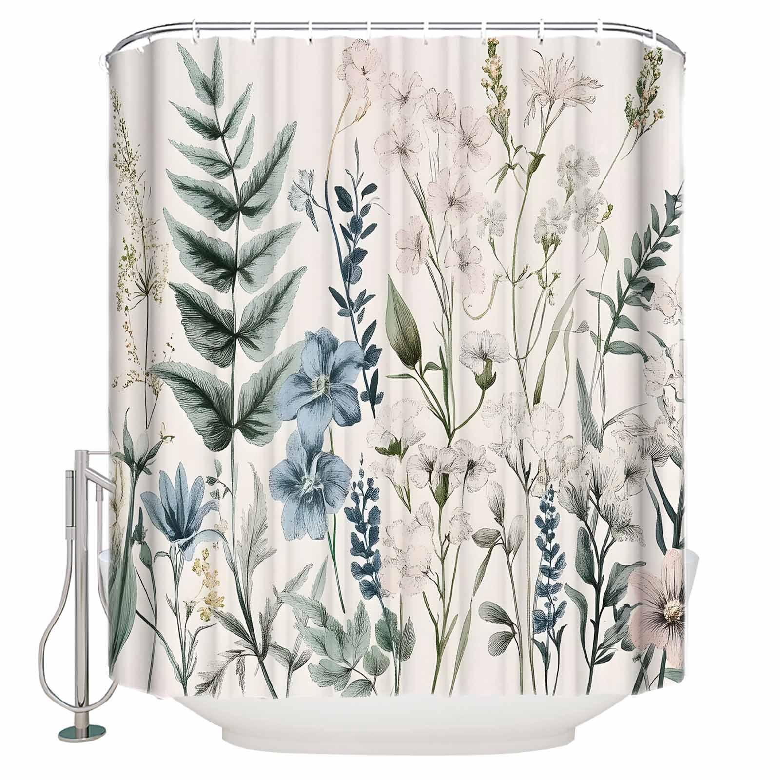 Botanical Floral Bathroom Shower Curtains with 12 Hooks Polyester ...