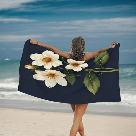 Botanical Floral Beach Towel - Elegant White Blossoms Dark Blue Perfect ...