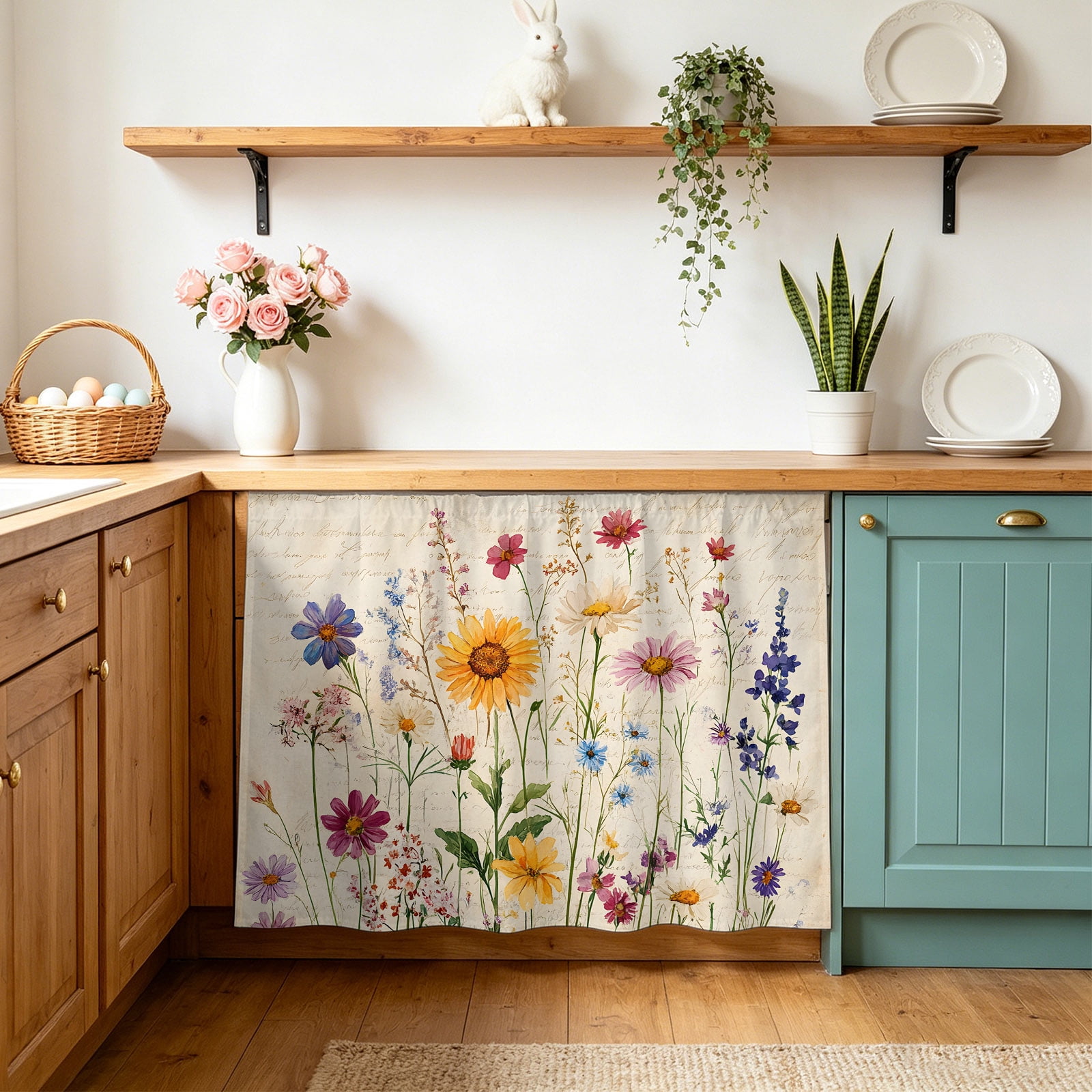 Botanical Floral Cabinet Curtain 28"Wx35"L,Dustproof Under Sink Skirt ...