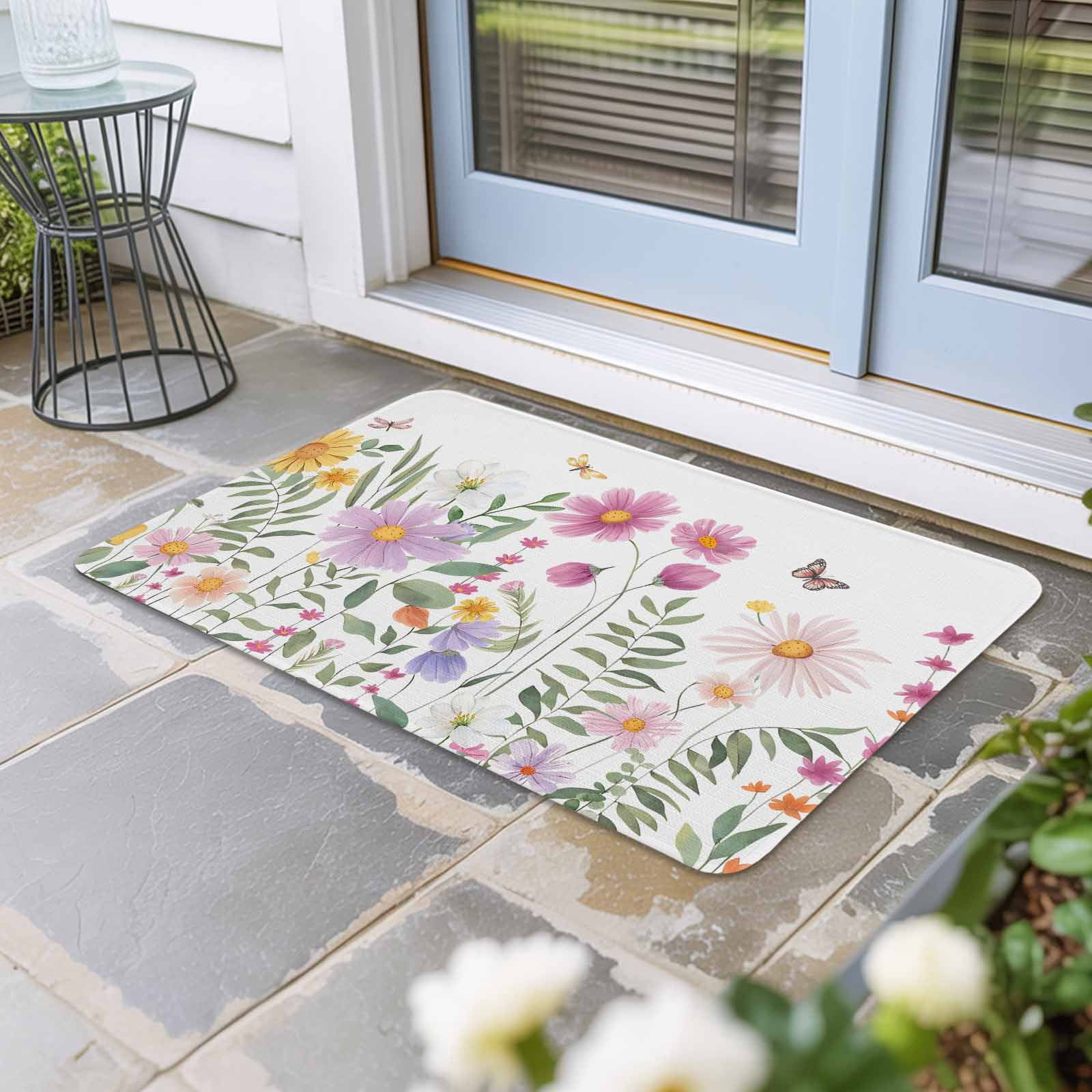 Botanical Floral Door Mat Indoor Outdoor, Spring Colorful Flowers ...