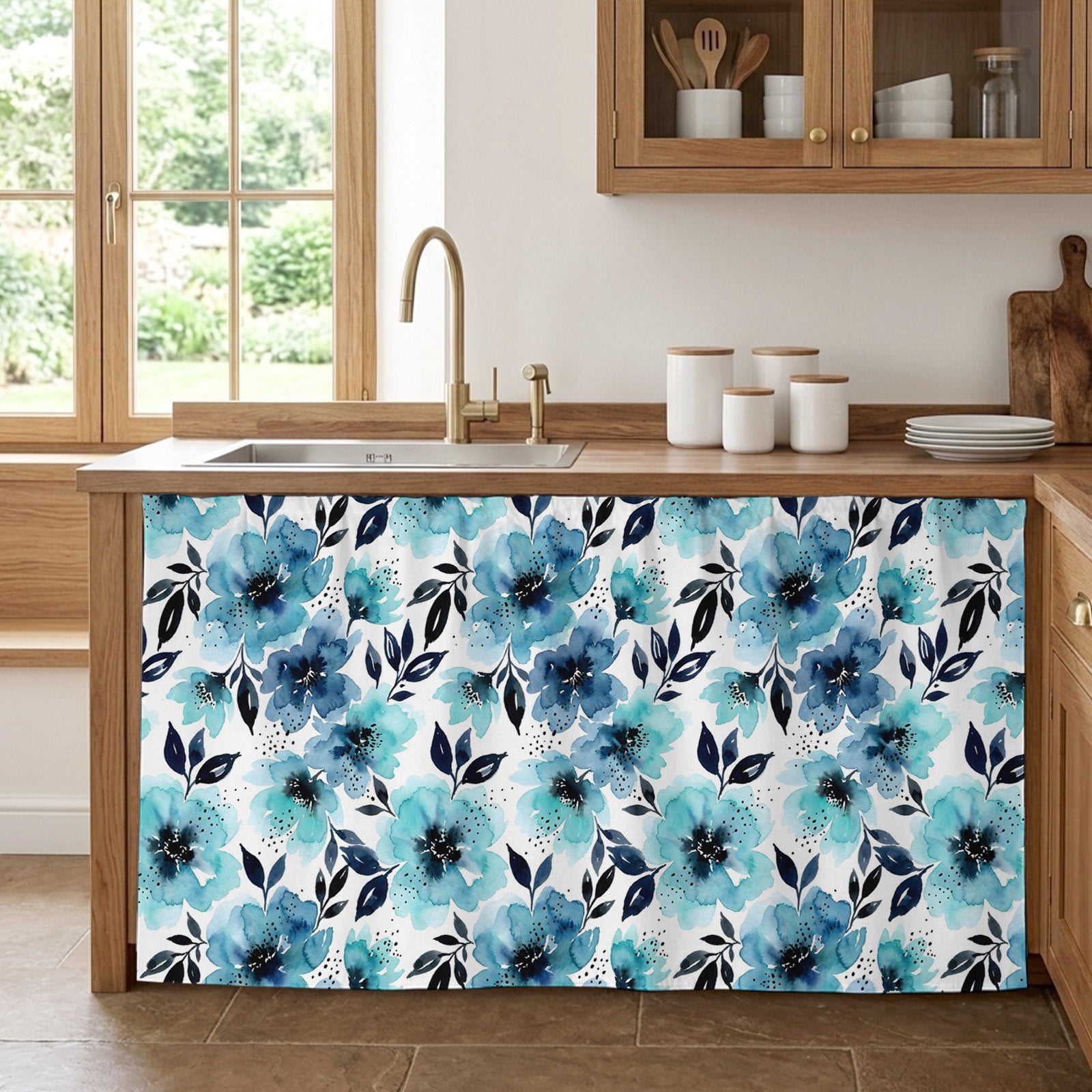 Botanical Floral Leaves Cabinet Curtains 32" W x 55" L, Watercolor ...