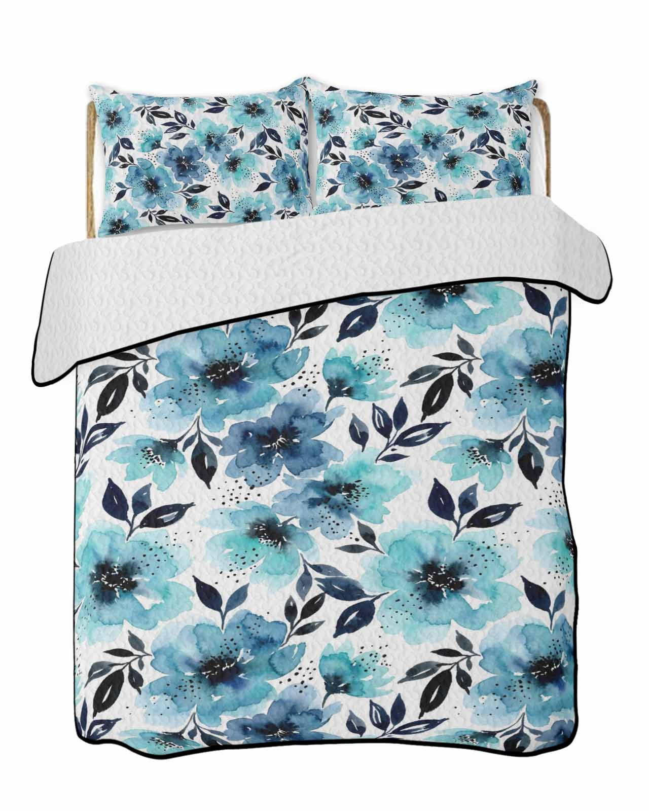 Botanical Floral Leaves Quilts Bedding Set King Size Watercolor ...