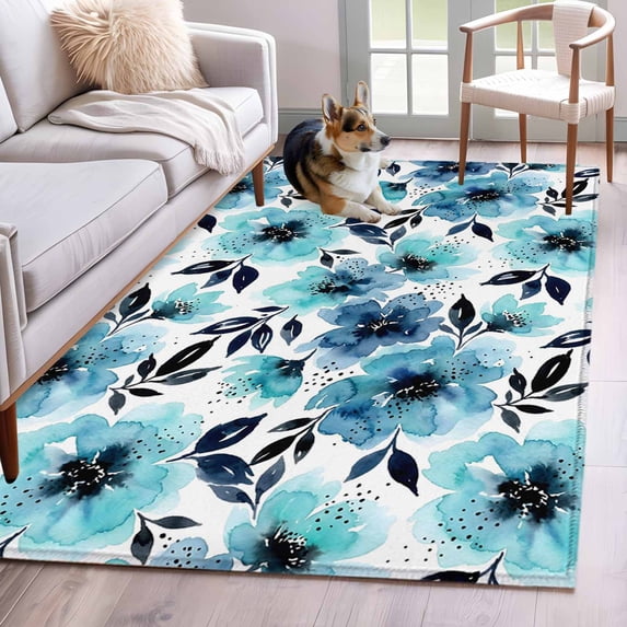 Botanical Floral Leaves Washable Area Rug 3x5 Watercolor Painting Blue ...