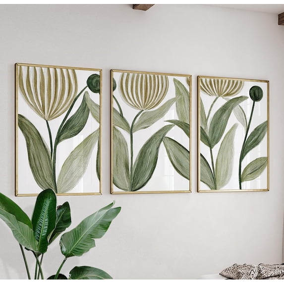 Botanical Floral Line Green Neutral Wall Art Minimal Nature Set 3 ...