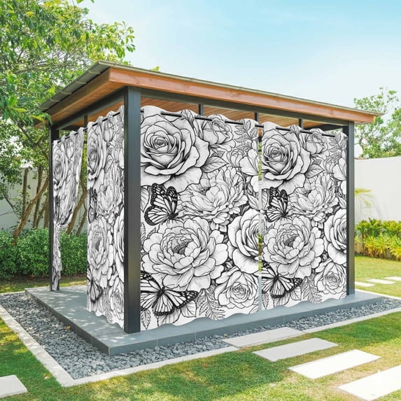 Botanical Floral Outdoor Curtains for Patio, Black and White Roses ...