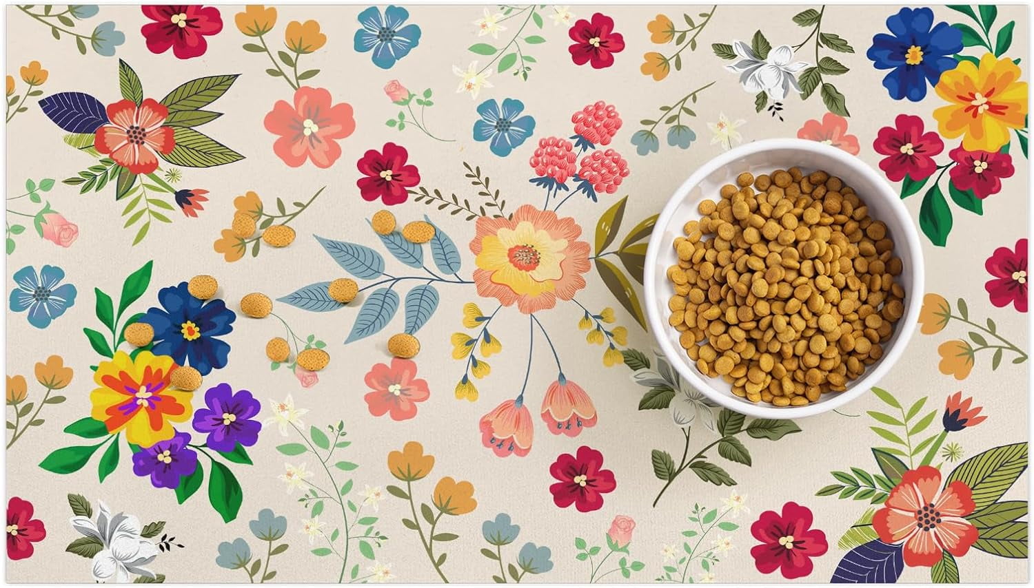 Botanical Floral Pet Food Mat, Colorful Flower Pattern Absorbent Dog ...