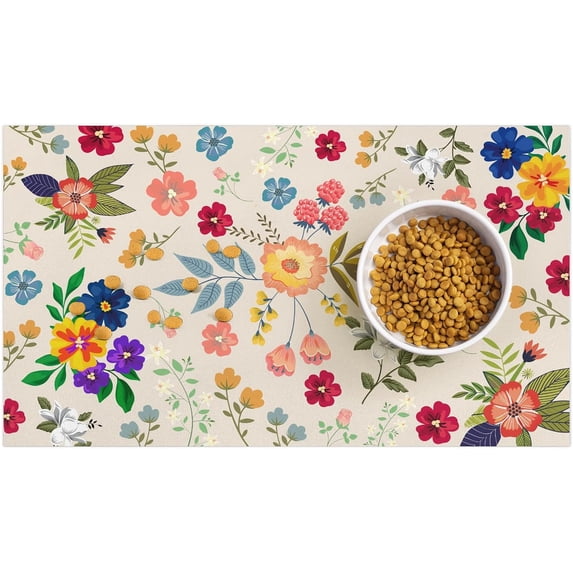 Botanical Floral Pet Food Mat, Colorful Flower Pattern Absorbent Dog ...
