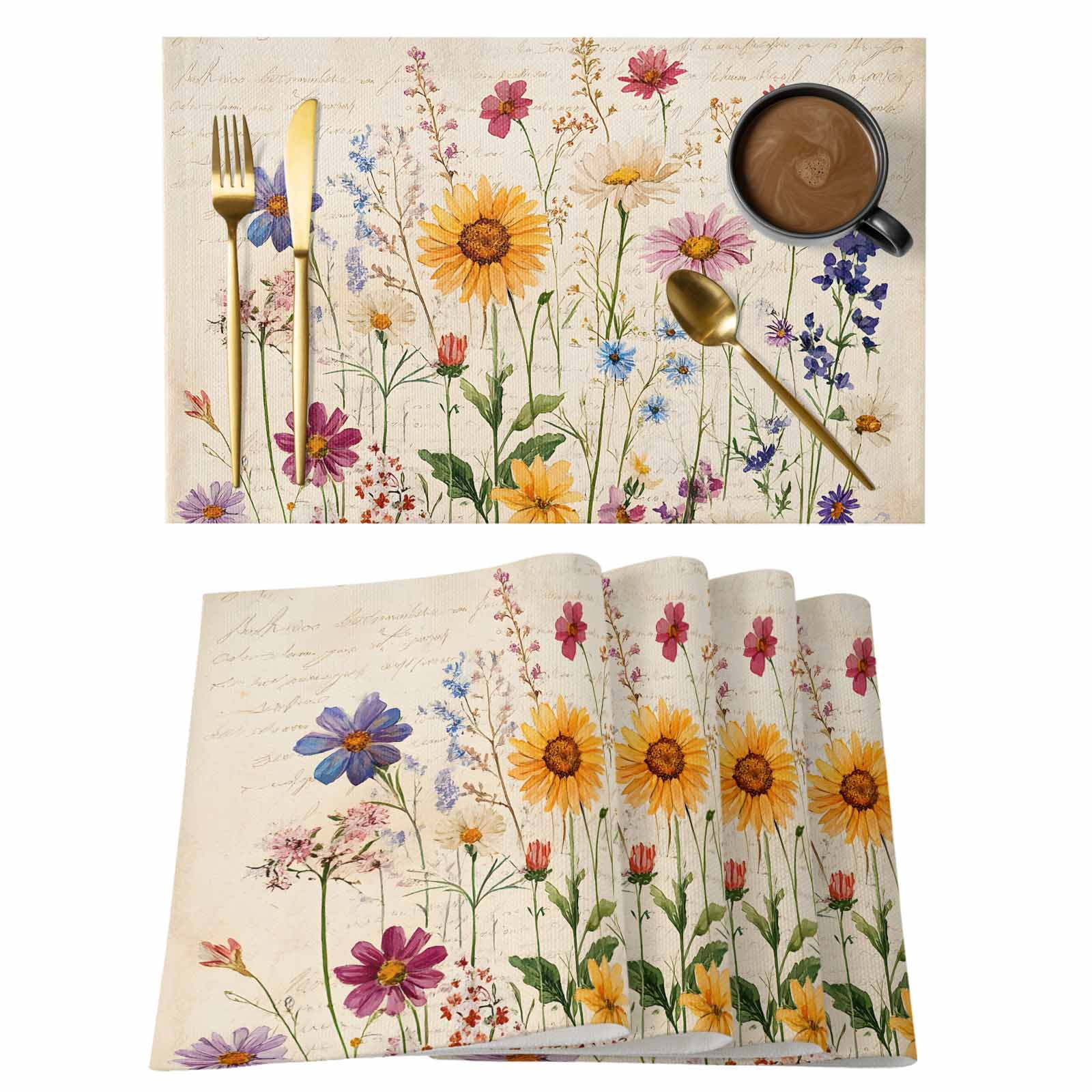 Botanical Floral Placemats Set of 4, Cotton Linen Fabric Place Mats ...