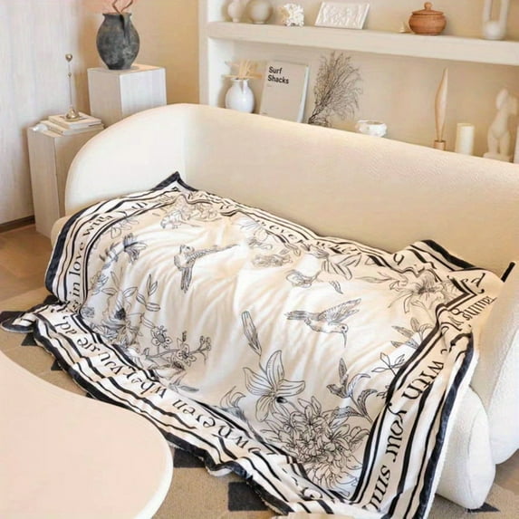 Botanical Floral Print All-Season Soft Flannel Throw Blanket - Black ...