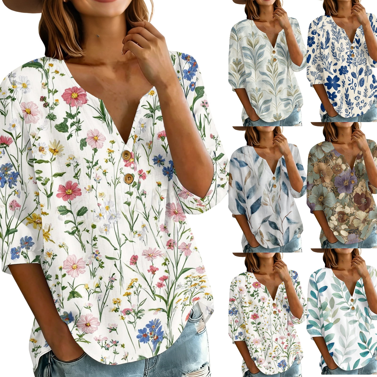 Botanical Floral Print Henley Tunic with 3/4 Sleeves - Casual V-Neck ...