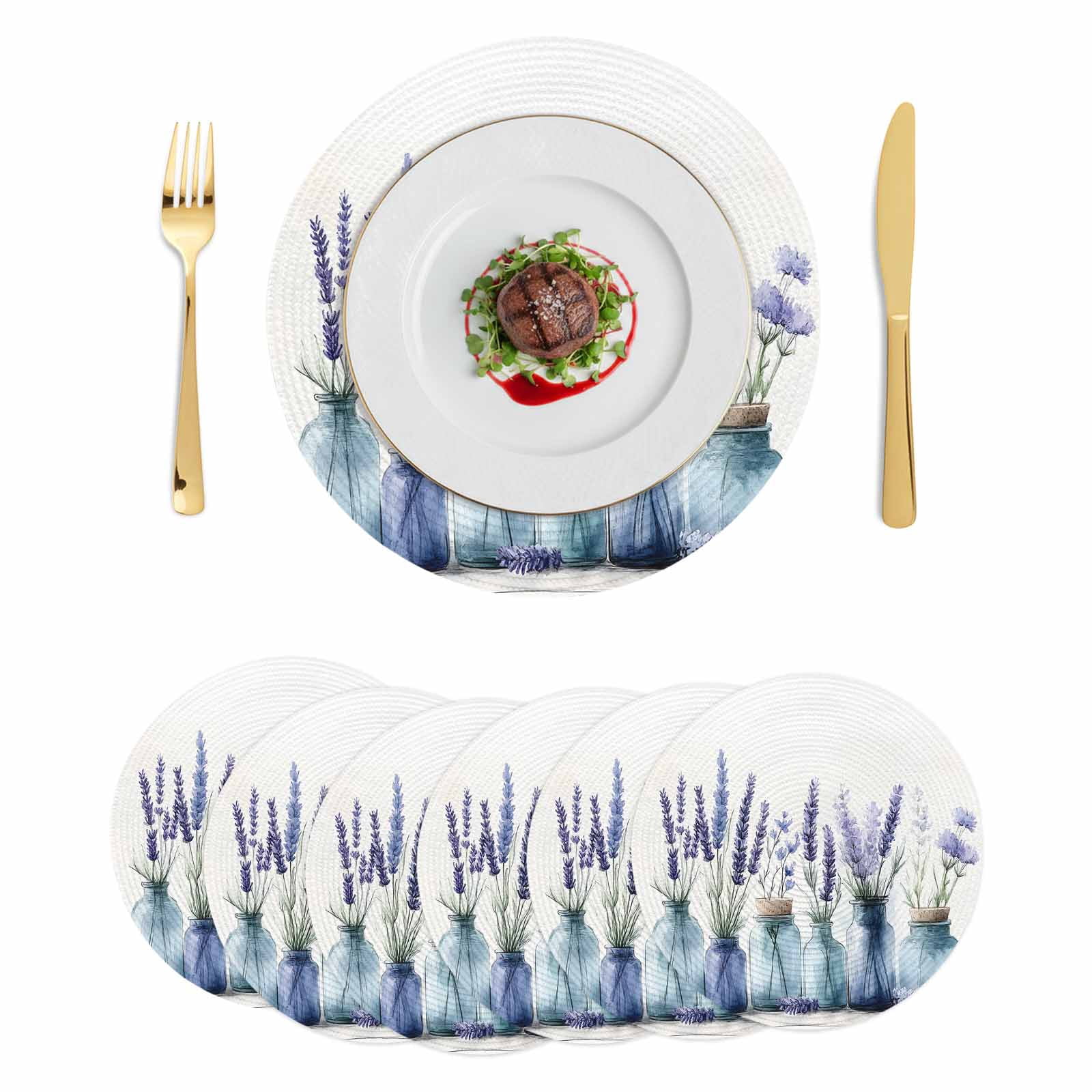 Botanical Floral Round Placemats Set of 6 Spring Watercolor Lavender ...