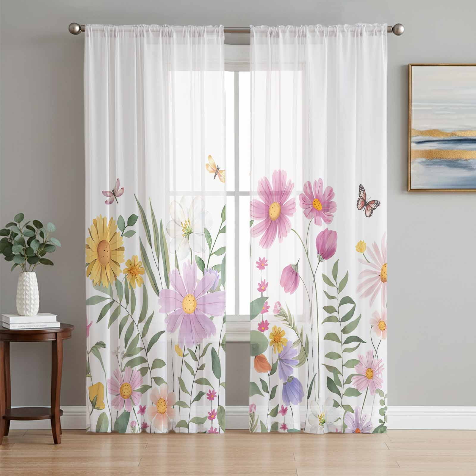 Botanical Floral Semi Sheer Curtains 63 Inch Length 2 Panels Set ...