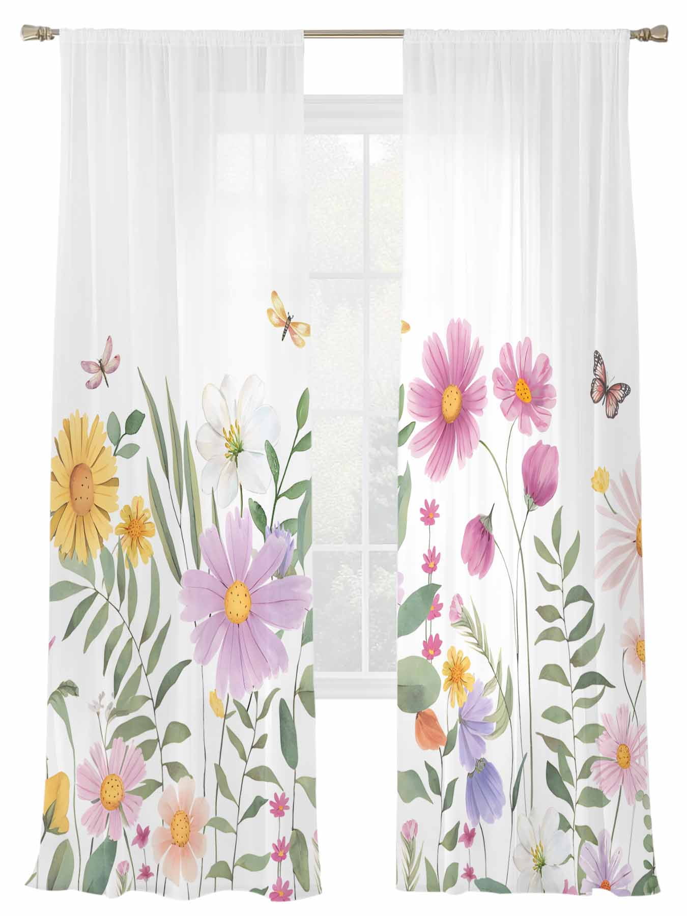 Botanical Floral Sheer Curtains 108 Inch Length 2 Panels Set, Semi ...