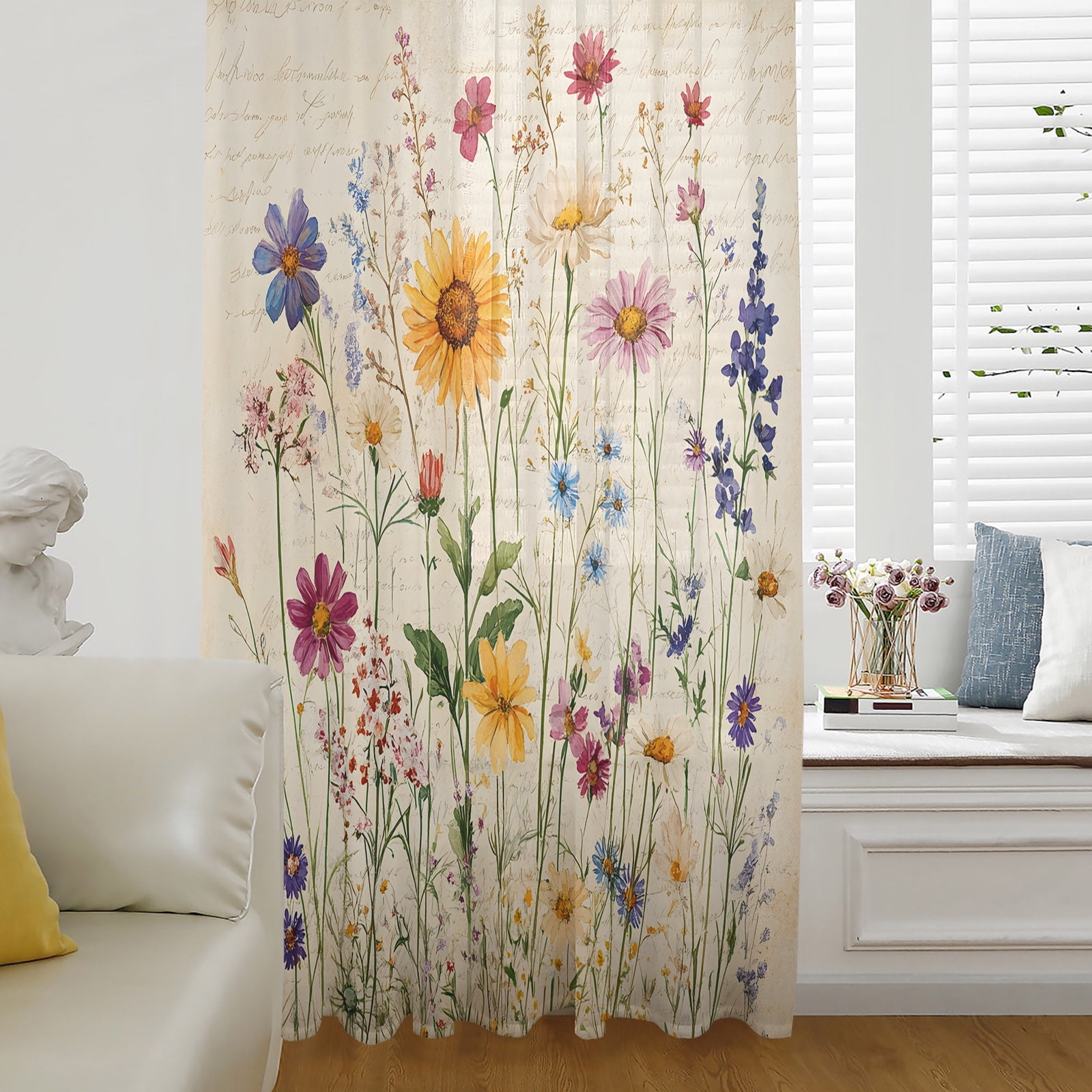 Botanical Floral Sheer Curtains 45 Inch Length, Light Filtering Voile ...