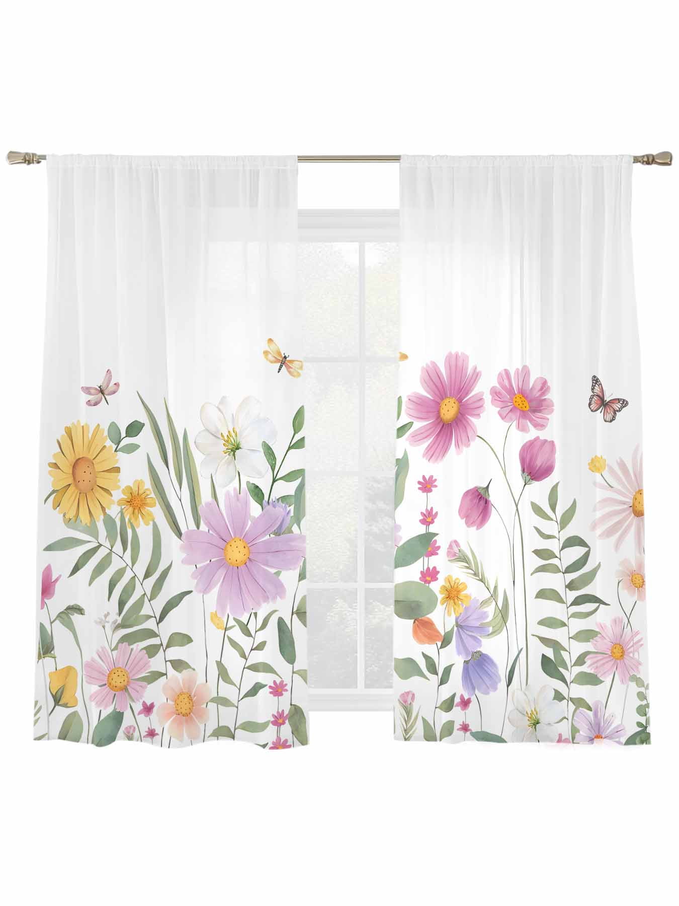 Botanical Floral Sheer Curtains 72 Inch Length 2 Panels Set, Semi ...