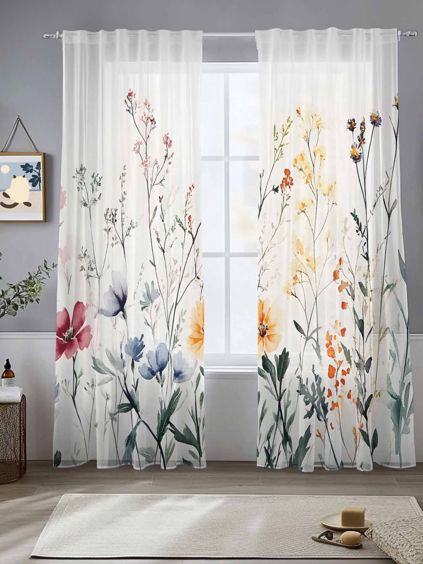 Botanical Floral Sheer Curtains for Living Room Bedroom Spring Summer ...