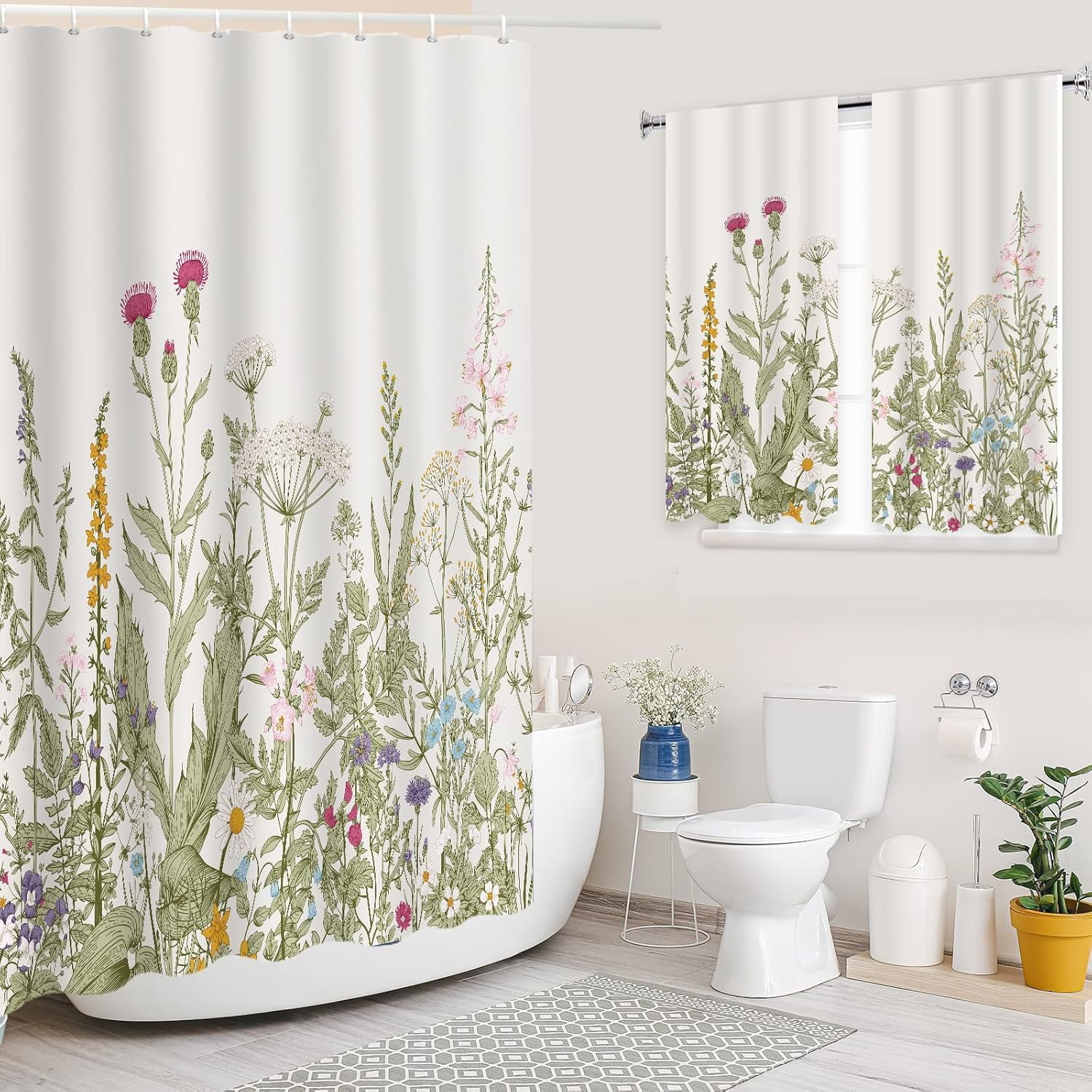 Botanical Floral Shower Curtain and Window Panel Set – 2 Piece Sage ...