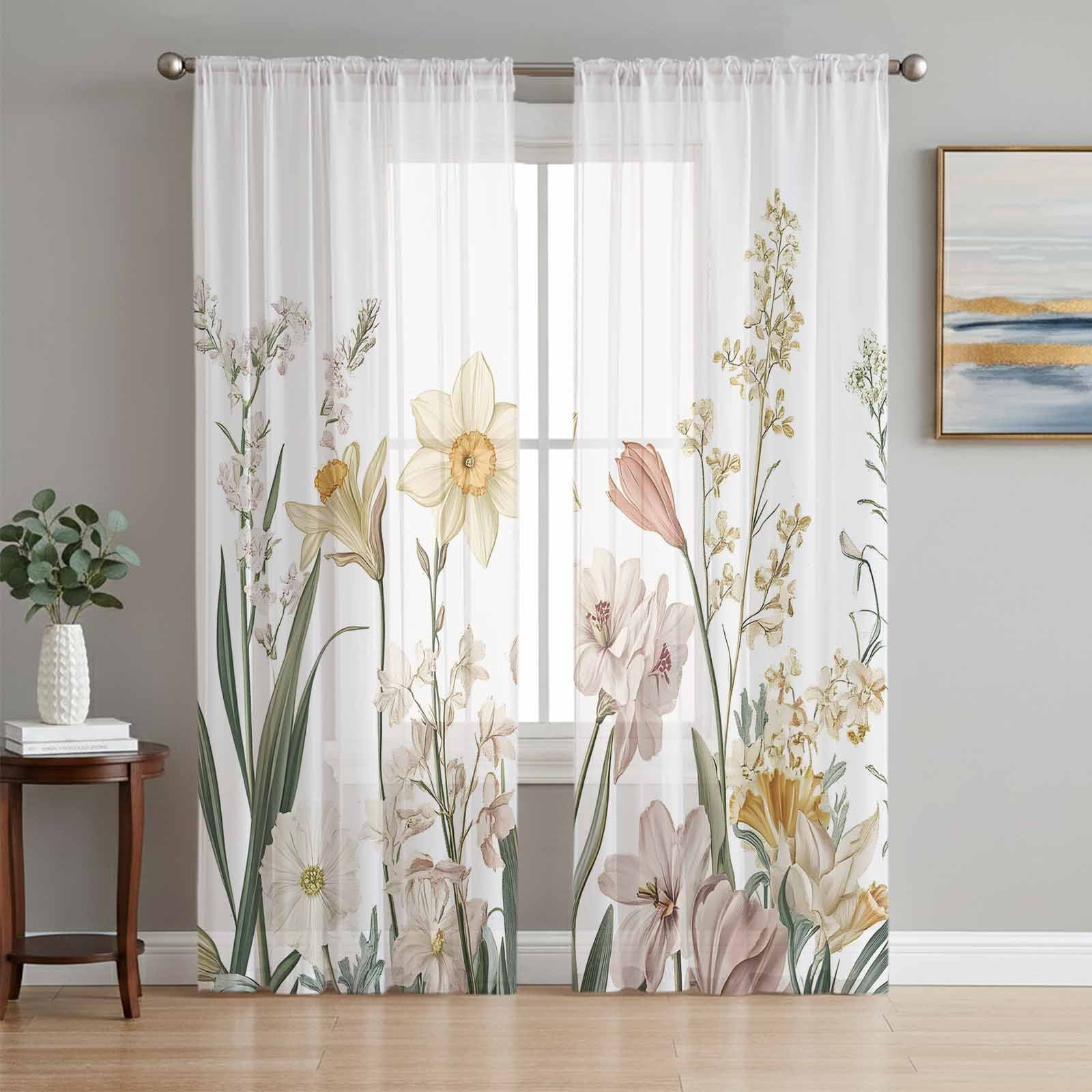 Botanical Floral Spring Sheer Curtains 84 Inch Length 2 Panels Set ...