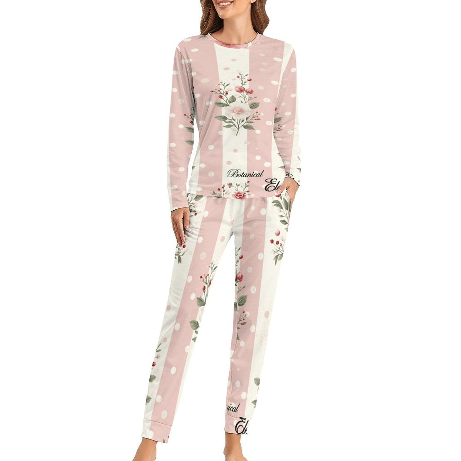 Botanical Floral Stripes Pink Elegant Pattern Pajamas Woman 2 Piece ...