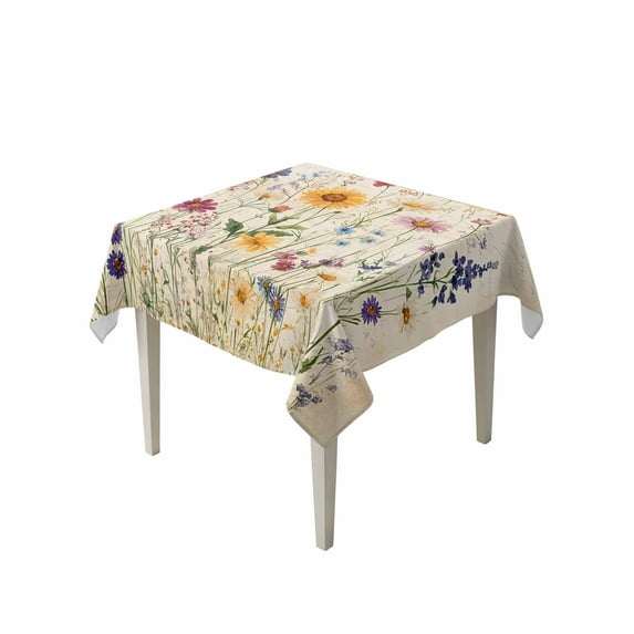 Botanical Floral Table Cloth, Retro Purple Pink Yellow Wildflowers ...