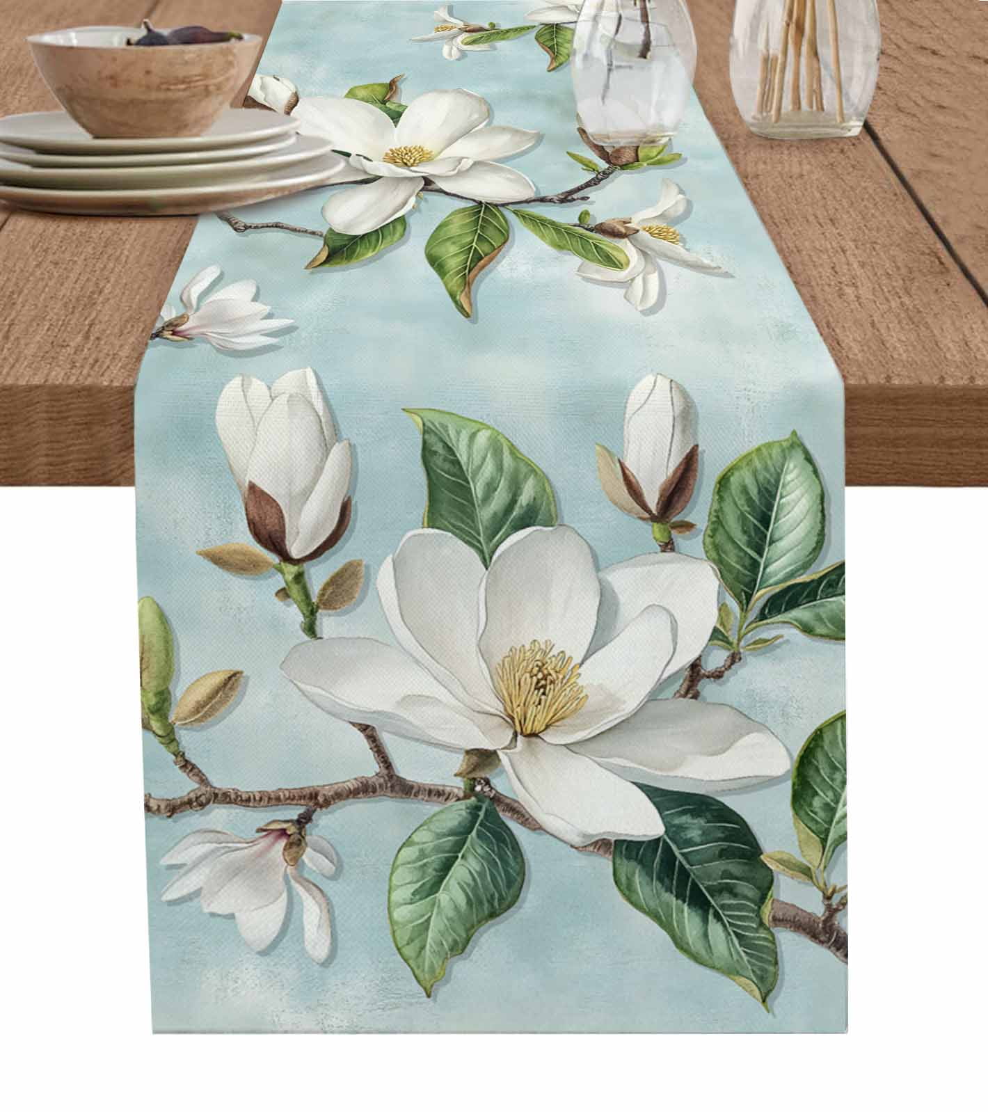 Botanical Floral Table Runner 72 Inches, Pastoral Magnolia Flowers ...