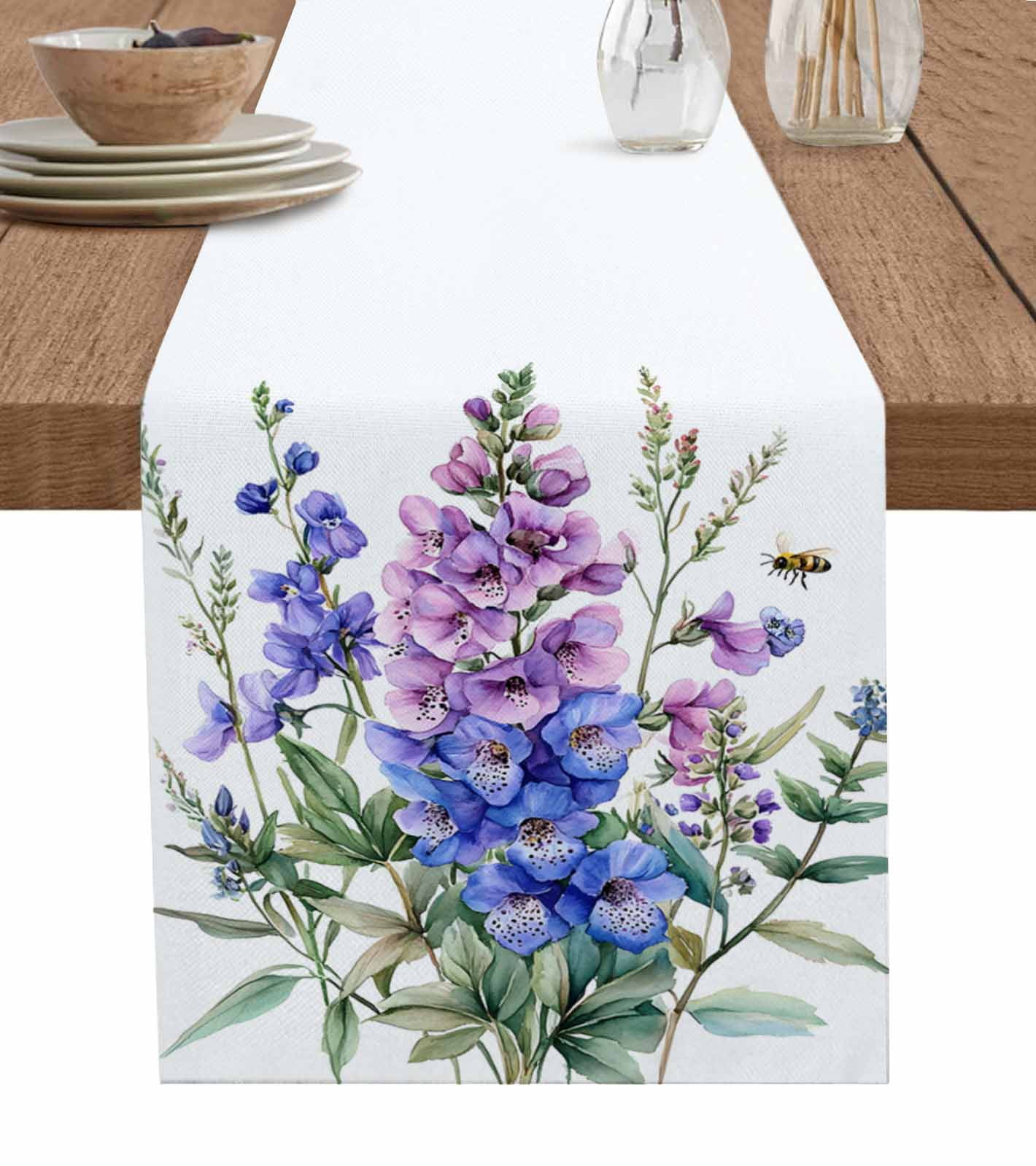 Botanical Floral Table Runner 72 Inches, Watercolor Wildflower Purple ...