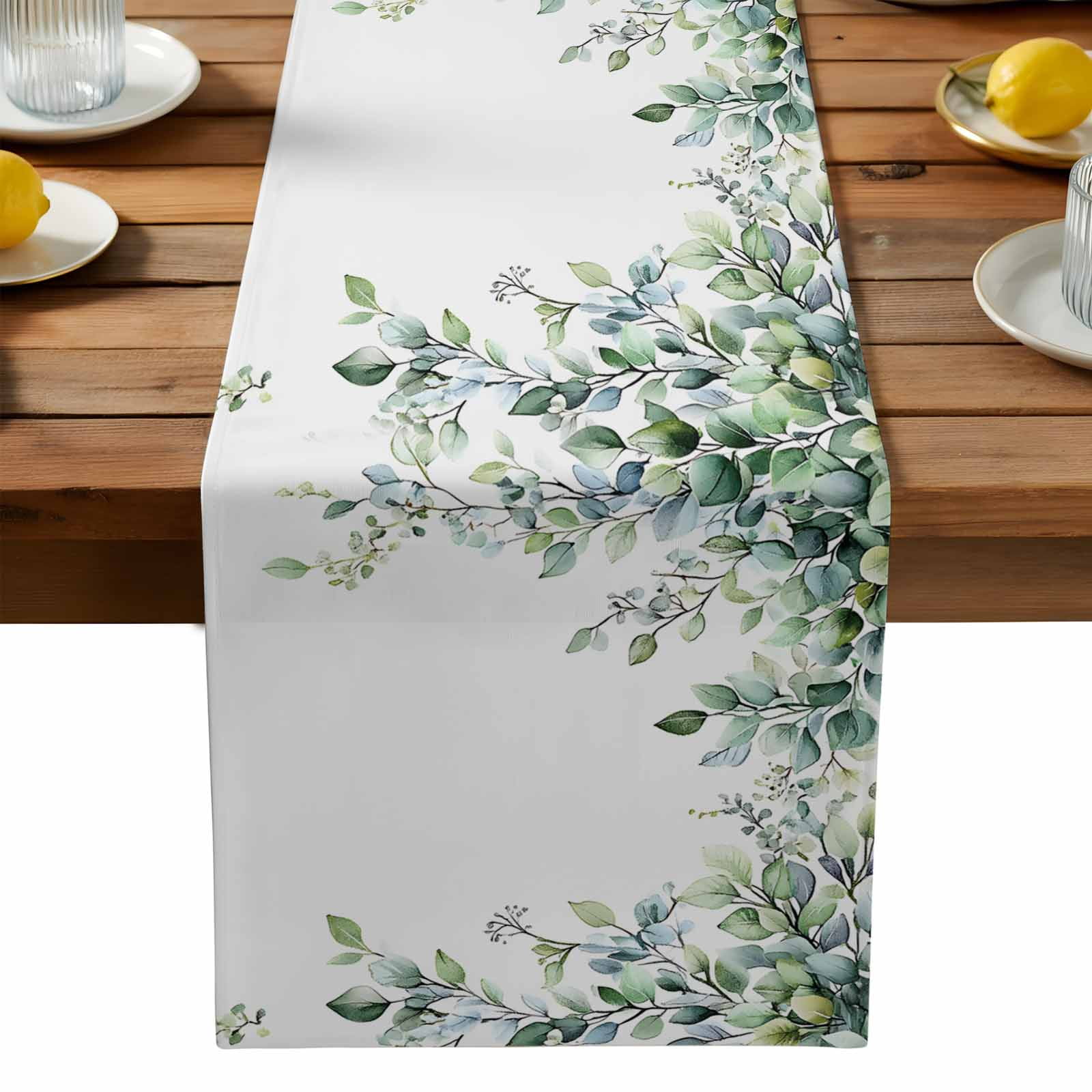 Botanical Floral Table Runner, Watercolor Eucalyptus Leaf Cotton Linen ...