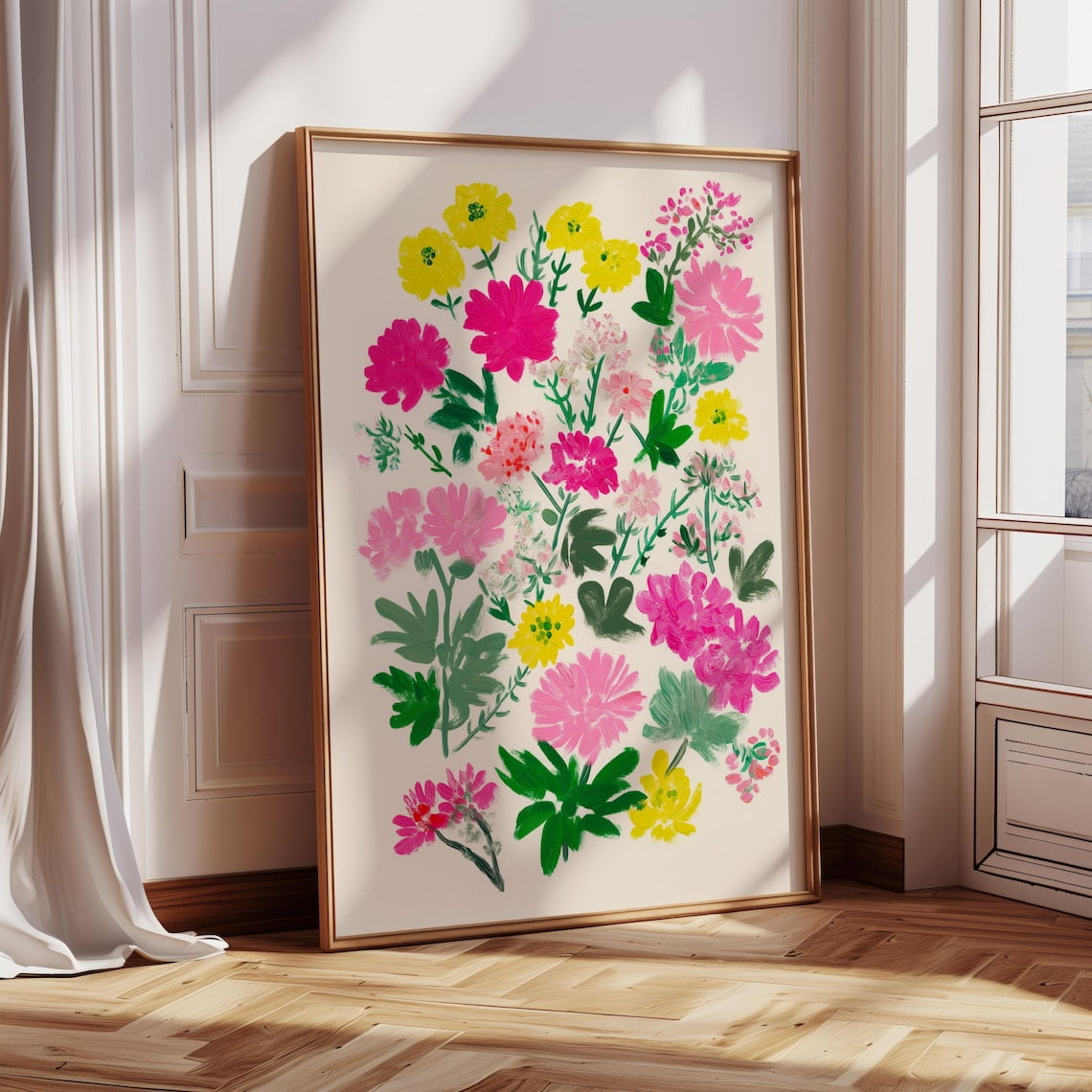 Botanical Floral Wall Art Pink & Yellow Flower Print Poster Decor, Size ...